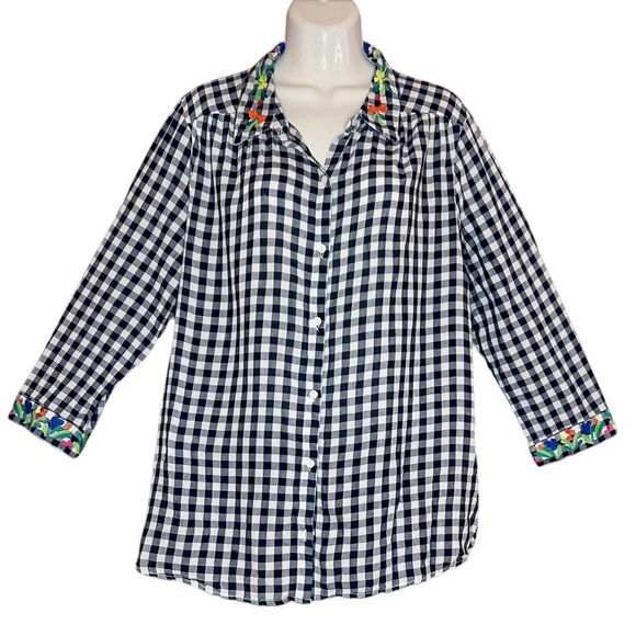 intro. | Tops | Intro Navywhite Gingham Embroidery Button Down Shirt ...